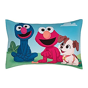 Sesame Street Furry Friends Blue, Green and Red Elmo and Puppy 4 Piece Toddler Bed Set - Comforter, Fitted Bottom Sheet, Flat Top Sheet and Reversible Pillowcase