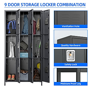 SUPEER 9 Doors Metal Storage Locker with 27 Hooks,Metal Lockers for Employees with Lock for School Office Gym Bedroom,Assembly Required,Dark Grey