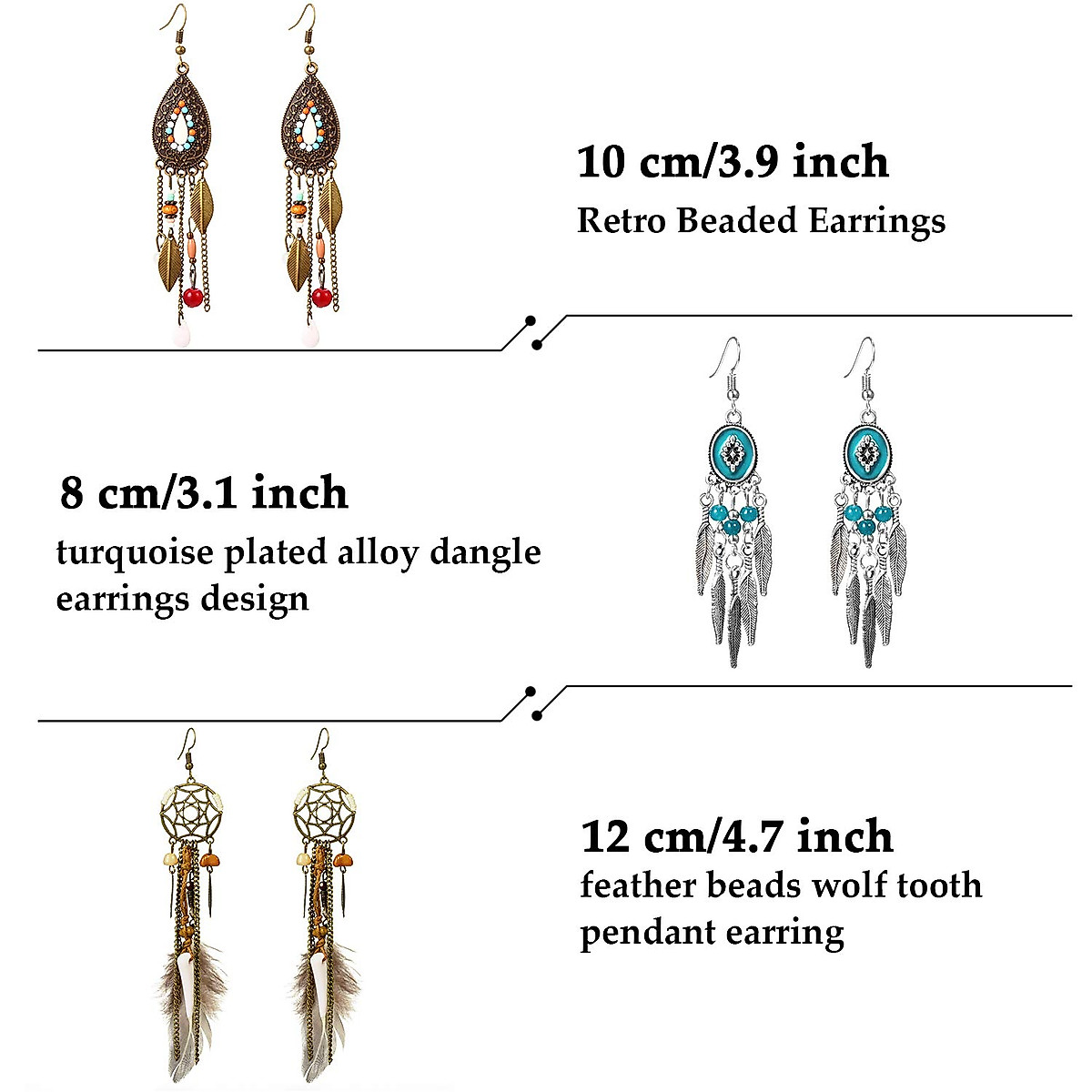 6 Pairs Women Faux Feather Earrings Dream Catcher Earring Bohemian Fringe Tassel Long Drop Dangle Earrings Set with Design for Women (Style 5)