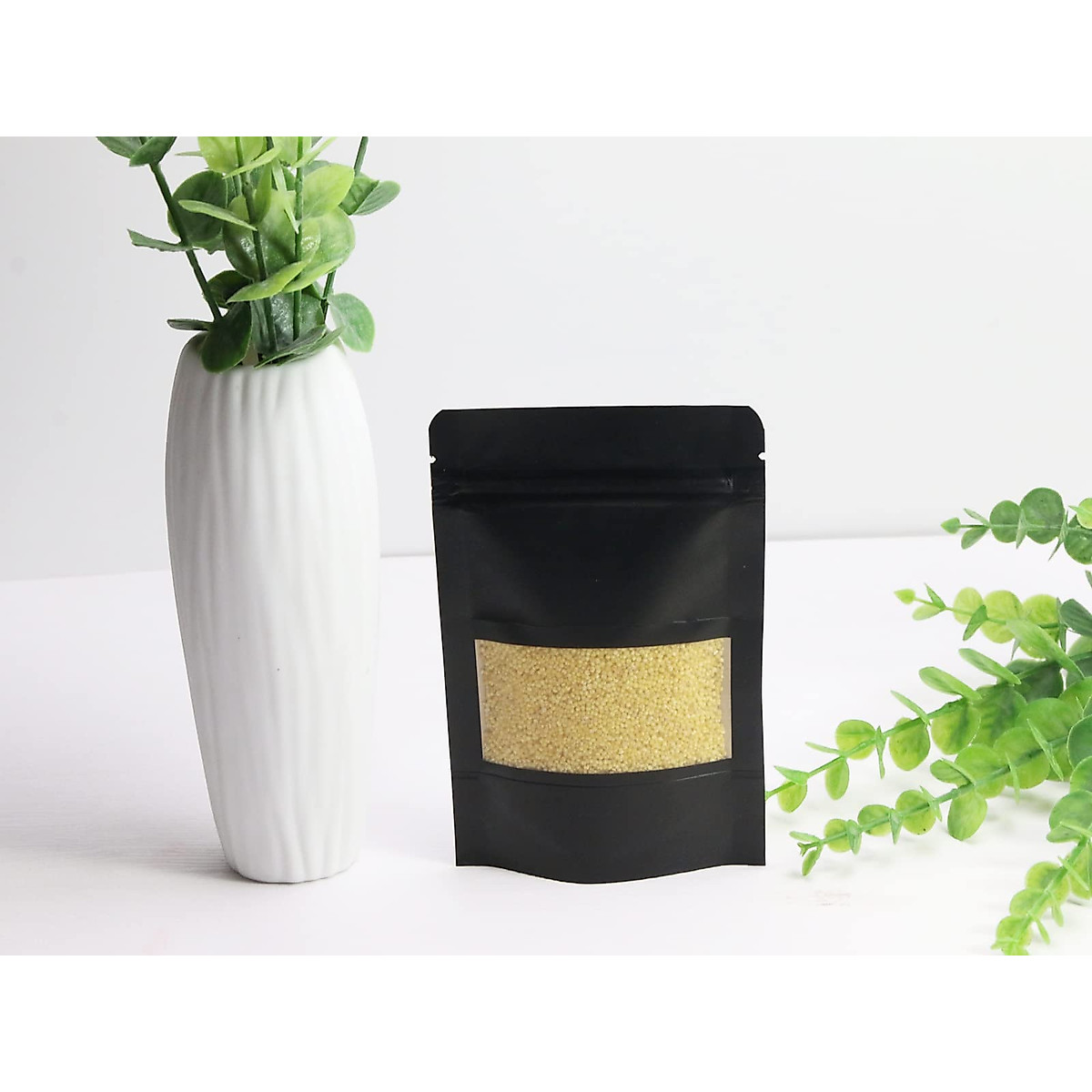 PQZKLDP 100pcs Black Kraft Paper Stand Up Pouches, Ziplock Stand Up Food Storage Bags with Matte Window, Reusable, Heat-Sealable for Packaging in Home , Office , Outdoors (Mixed Size)