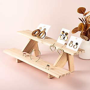 Eiyye 2-Tier Wooden Display Stand, Ring Earring Large Capacity Jewelry Display Stand,Wood Cupcake Stands Display Stand Craft Showing Organizer Tray For Retail Display Vendors Wood Riser(Natural)