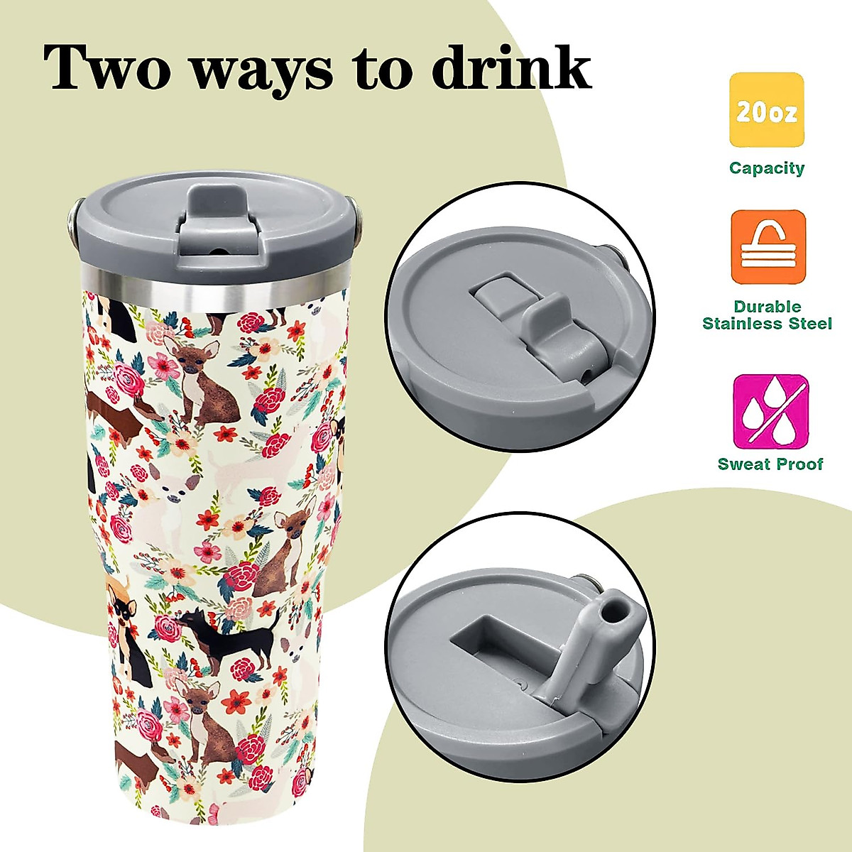 Chihuahua Tumbler - Dog Lovers Gifts for Women- with Handle and Straw, Stainless Steel Vacuum Insulated Flip Straw 30 oz - Spill Proof Coffee Travel Mug Chihuahua Lovers Gifts