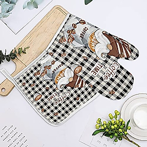 Oven Mitts, Coffee Time Anti-Skid Cooking Gloves for BBQ, Microwave, Baking, Cooking, Thermal Insulation Hot Pads Potholders for Handling Hot Cookware Gnome Coffee Beans Black-White Plaid