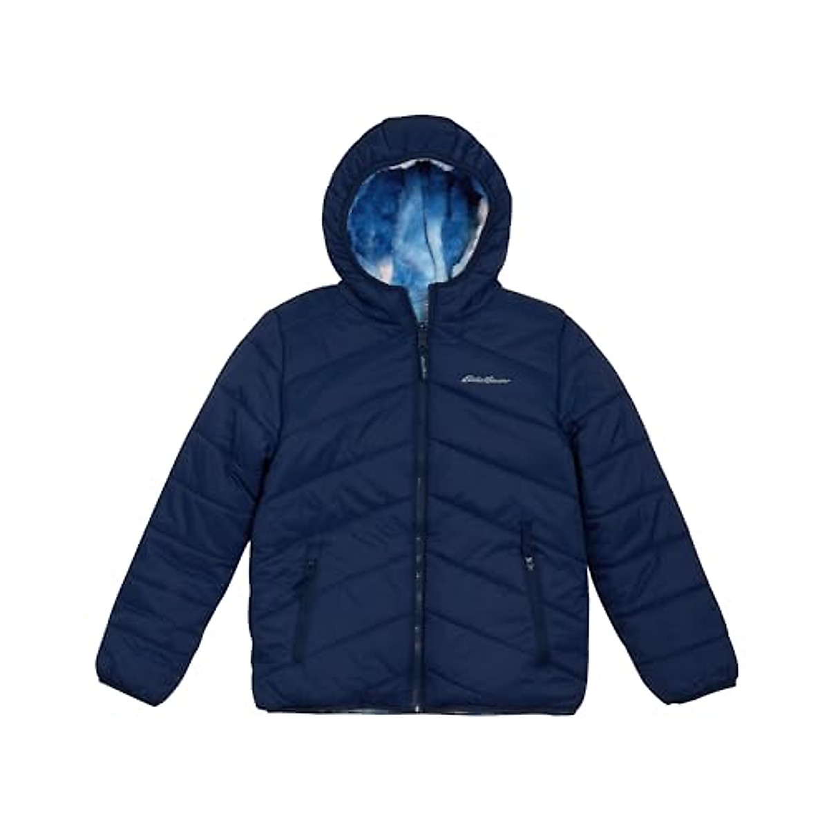 Eddie Bauer Girls' Reversible Jacket - Deer Harbor Waterproof Lightweight Puffer Coat with Faux Shearling Lining (5-20), Size 10-12, Navy Blue