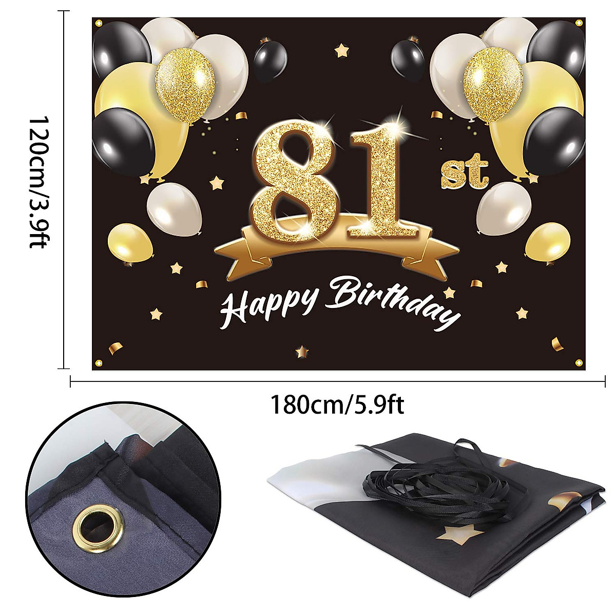 PAKBOOM Happy 81st Birthday Banner Backdrop - 81 Birthday Party Decorations Supplies for Men - Black Gold 4 x 6ft