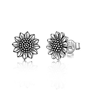 POPLYKE 925 Sterling Silver Antiqued Sunflower Stud Earrings Bohemian Oxidation Sunflower Earrings for Women Mother Birthday Halloween