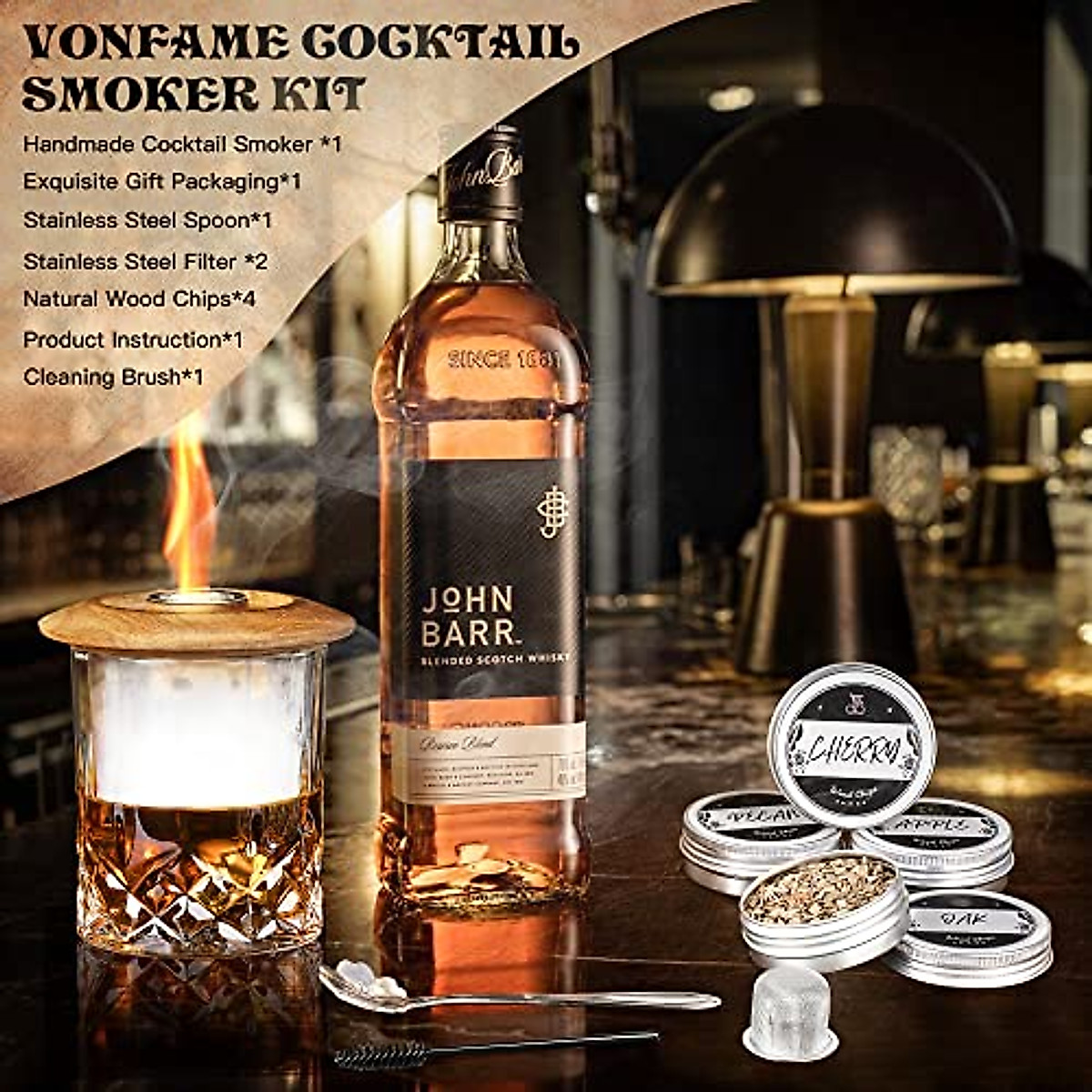 Cocktail Whiskey Drink Smoker Kit – 4 Flavors Wood Chips, Old Fashioned Chimney Drink Smoker Set for Infuse Bourbon, Cocktails, Whiskey, Wine, Meat, Cheese, Ideal Gifts for Men, Husband, Dad, Christmas