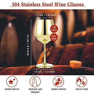 12 Pack Stem Stainless Steel Wine Glasses Gold 18 oz Unbreakable Stemware Portable Shatterproof Metal Goblet Glasses Wine Drinkware for Wedding Camping Champagne Cocktails Banquet Party