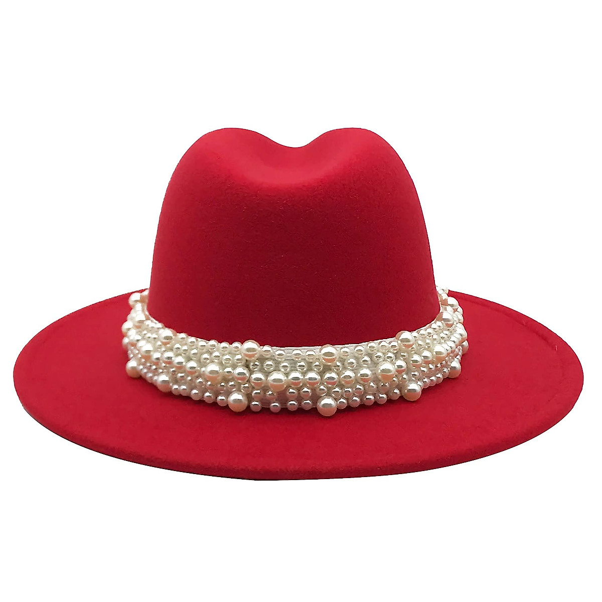 Qkrlamx Black Fedora Hats for Women Wool Panama Hat with Pearl Band Wide Brim Felt Hat Classic Trilby Hat Red