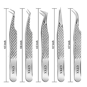 GTEX Lash Tweezers For Eyelash Extensions Tweezers Set of 5, Japanese Stainless Steel, Straight Curved 45 90 Degree Volume Eyelash Tweezers - SILVER