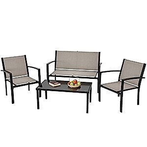 Greesum GS-LCT4PCSBG 4 Pieces Patio Furniture Set Outdoor Conversation Textilene Fabric Chairs for Lawn, Garden, Balcony, Poolside with A Glass Coffee Table, Beige