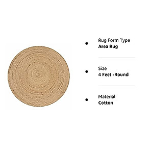 Jute Braided Rug, 4' Round Natural, Hand Woven Reversible Rugs for Kictchen Living Room Entryway, 4 Feet Round