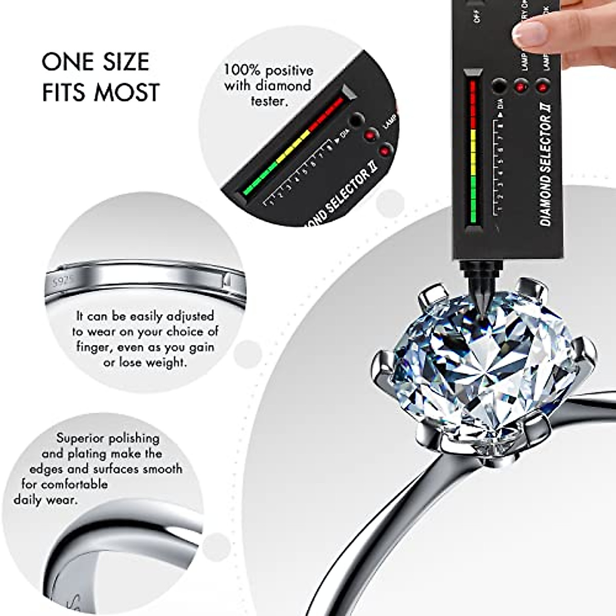 Musgogo Moissanite Wedding Engagement Rings for Women, 1 Carat Adjustable Wedding Jewelry for Bride 925 Sterling Silver with 18K White Gold Plated Band Promise Ring for Her D Color VVS1 Gift Boxed