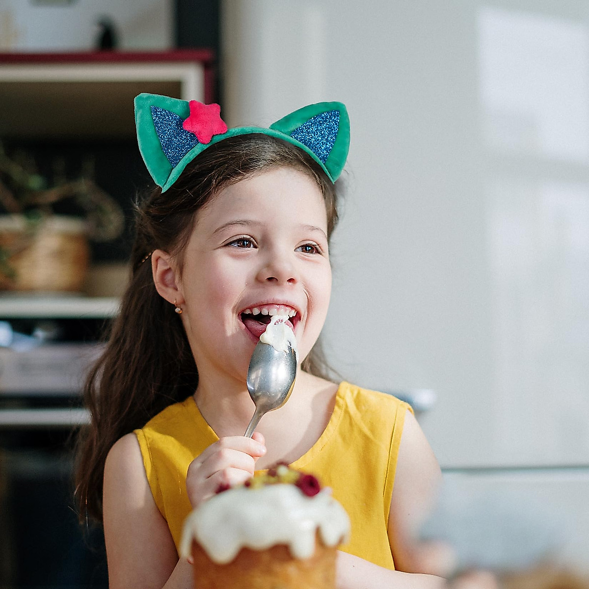 Creatoy Cat Ears Headbands, 4pcs Dollhouse Birthday Party Accessories, Flannel Cartoon Cosplay Headpiece, Glitter Hair Clips for Girls Halloween Supplies