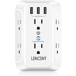 LENCENT USB Wall Charger, Surge Protector 6 Outlet Extender with 3 USB Ports, 1728J Power Strip Multi Plug,3-Sided Widely Spaced Adapter Multiple Expander,Mountable Wall tap for Home Travel Office