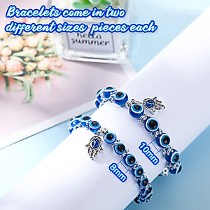 Blue Evil Eye Bracelet for Protection 8mm 10mm Hamsa Hand of Fatima Beaded Charm Bracelets Blue Eye Stretch Amulet Bracelets for Women Men (16 Pieces)