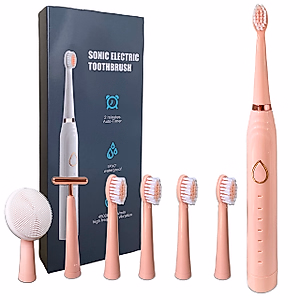 JANECC Electric Toothbrush for Adults, Rechargeable Sonic Toothbrushes, 6 Modes, 45,000VPM Motor and 2 Mins Smart Timer, 1 Face Washing Head, Facial Massage 5 Brush Heads(Pink), 9.8X3.9X1.18 Inch
