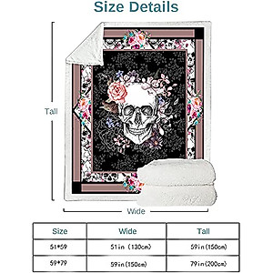 Sugar Skull Blanket Ultra Soft Sherpa Gothic Blankets All Seasons Warm Cozy Flower Rose Skull Blankets for Women Gift Plush Throw for Couch Sofa Bedding (51'' x 59'')