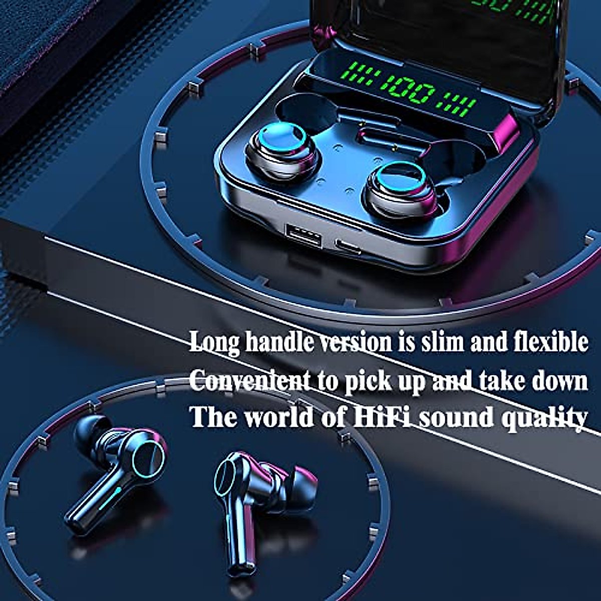 Wireless Earbuds High Capacity Charging Cabin Noise Cancelling Mic Bluetooth Headphones Fingerprint Touch Led Display Waterproof in Ear Earplugs,Headsets for Apple、 Android、iPad&Samsung (4,Black)