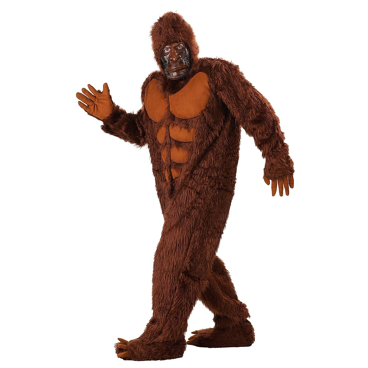 Plus Size Bigfoot Costume | Adult Men's Sasquatch Furry Outfit, Headpiece, Mask, Jumpsuit, Attached Gloves, Shoe Covers 4X Brown