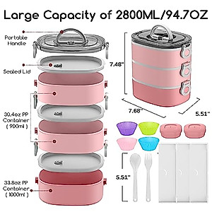 KHOXU Bento Lunch Box, Stackable 3 Layers Bento Box Adult Lunch Box, 94OZ Large Capacity Lunch Containers, Lunch Box Kids with Accessories Kit , Leak-Proof, Food-Safe Materials, Pink