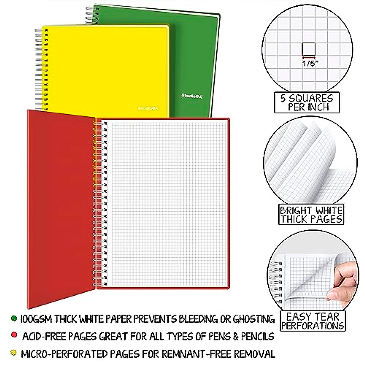 Studio O. A. Spiral Notebooks, 3 Pack, 5 x 5 Graph Ruled (5 Squares/Inch) Paper, 8.5 x 11, 80 Sheets of 100g/㎡ Thick Paper, Durable PP Cover, with Tabbed Stickers and Back Pocket, Journals for School, Office, Business, Professional