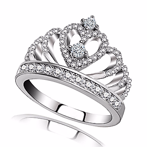 Princess Queen Crown Rings for Women Eternity Heart-Shaped Promise Ring Zircon Jewelry Silver 6