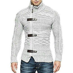 Karlywindow Mens Cable Knitted Cardigan Sweater Turtleneck Long Sleeve Slim Fit Winter Zipper Front Casual Pullover Sweaters