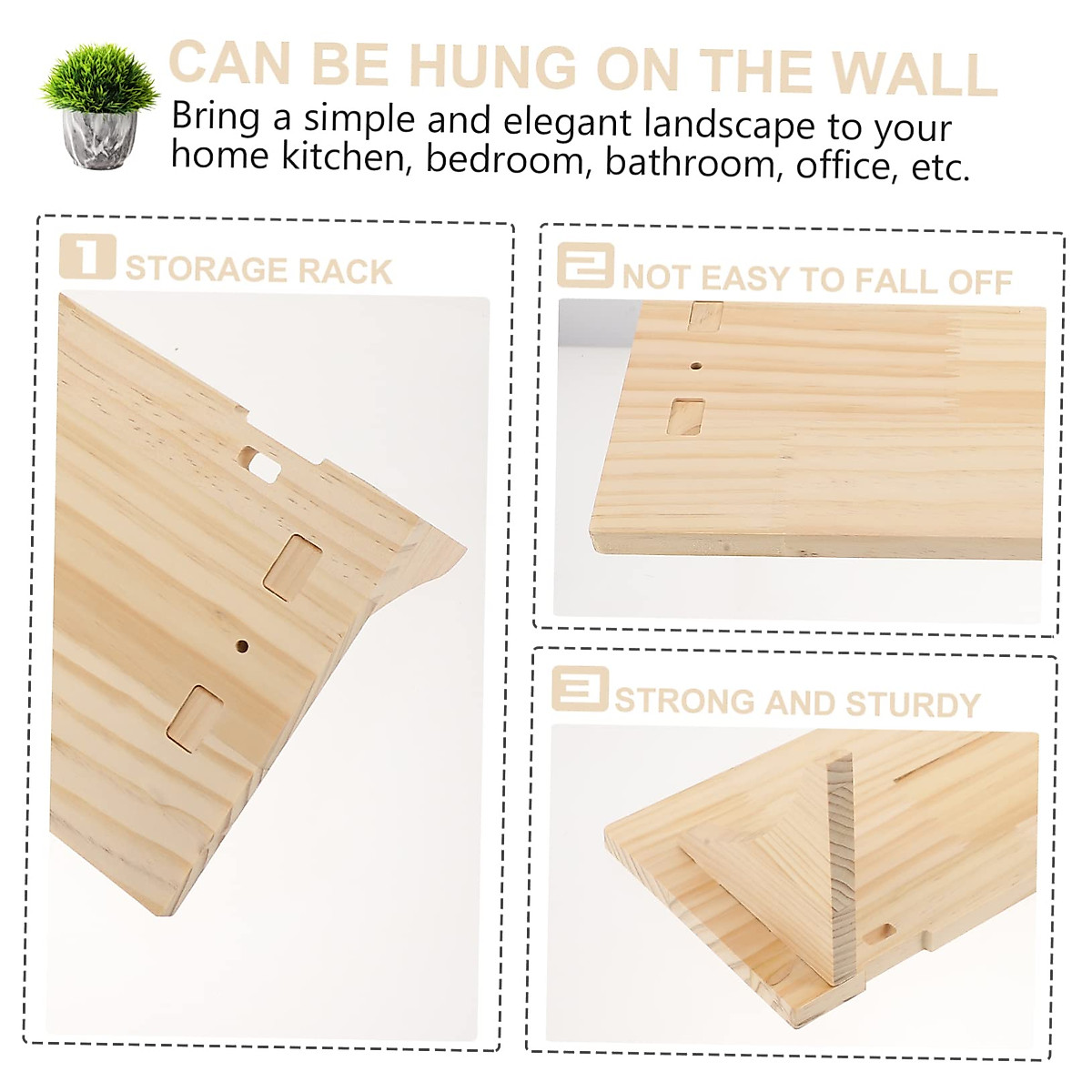 HAWILLOSCH 1 Set One-Word Partition Pictures Display Shelf Wall Mounted Shelf Picture Hanging Hooks Picture Hooks Tv Wall Hook Wall Storage Shelf Wall Mount Shelves Plant Beige Solid Wood