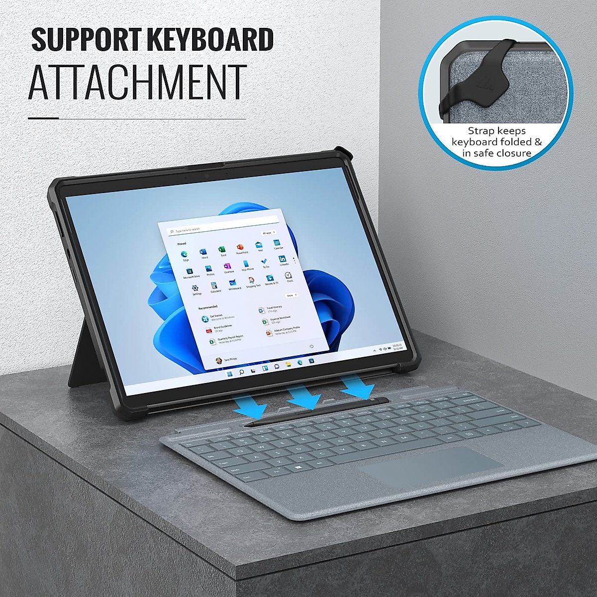 MoKo Case Fits Microsoft Surface Pro 8 13" Touchscreen 2021 Release Tablet, All-in-One Protective Rugged Cover Case with Hand Strap, Compatible with Type Cover Keyboard, Black