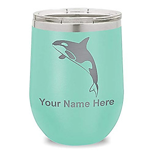 SkunkWerkz Wine Glass Tumbler, Killer Whale, Personalized Engraving Included (Teal)