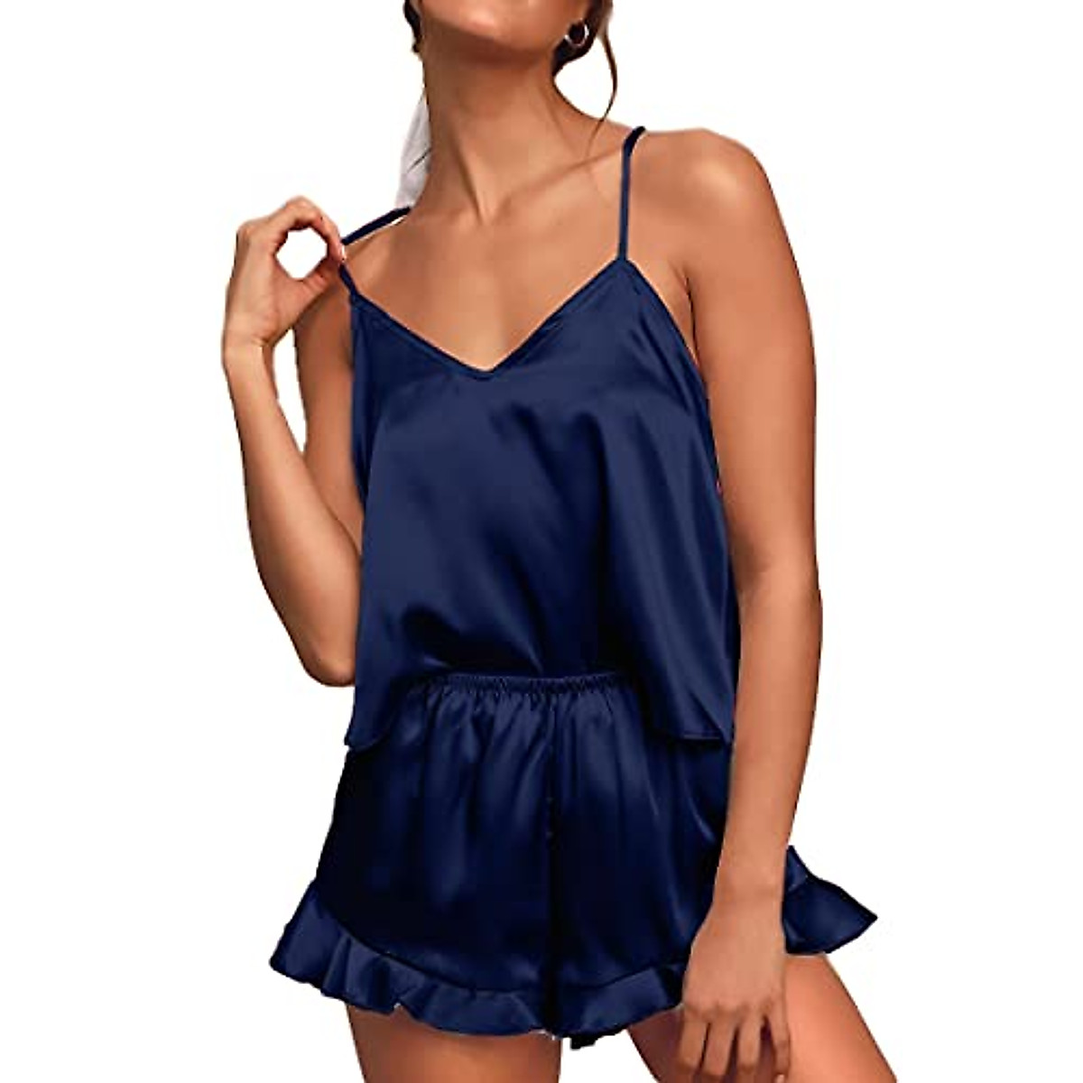 FOSHPOT Silk Pajamas for Women Satin Pajamas Women with Cami Top Ruffle Shorts Pjs Sets Sexy Softer Bridal Gifts Navy Blue
