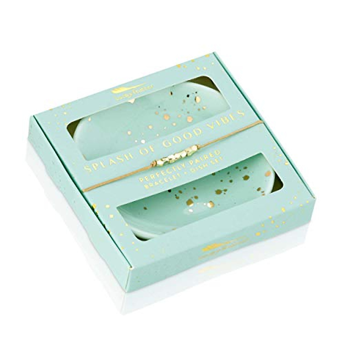 Lucky Feather 14k Gold Bead Bracelet and Jewelry Dish Set - Cute Inspirational Birthday and Friendship Gifts for Women and Teen Girls