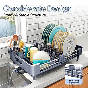 Dish Drying Rack, Kitchen Dish Drainer Rack, Expandable(13.2"-19.7") Stainless Steel Sink Organizer Dish Rack and Drainboard Set with Utensil Holder Cups Holder for Kitchen Counter