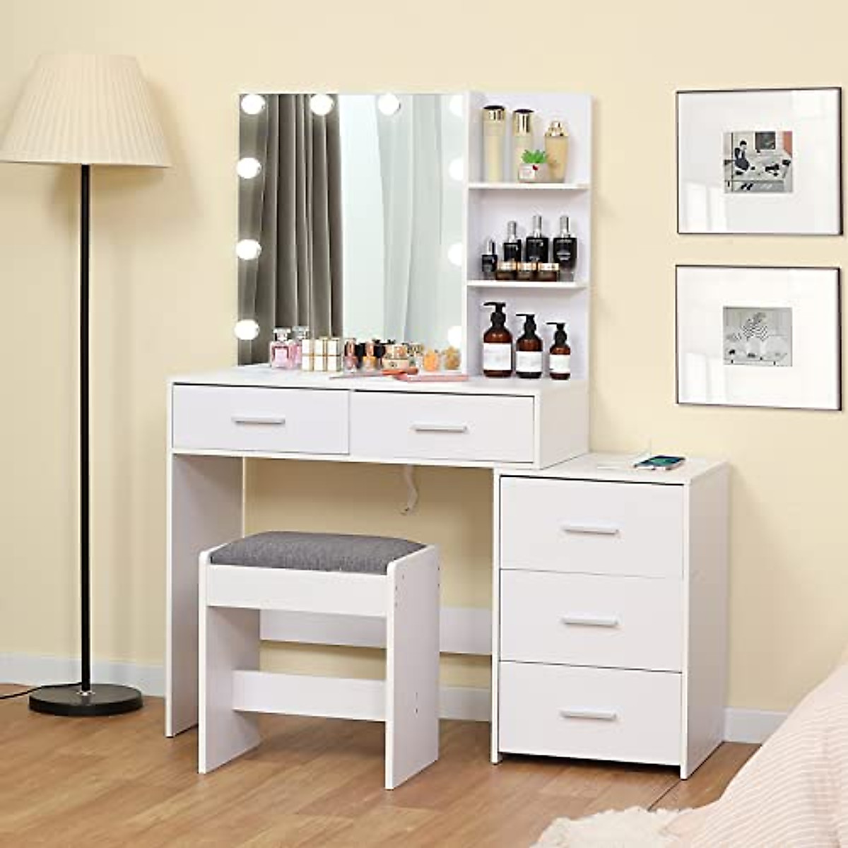 usikey Large Vanity Set with 10 LED Lights and Charging Station, Makeup Vanity Dressing Table with 5 Drawers, Storage Shelves and Cushioned Stool, Vanity Table with Cabinet Drawer Chest, White