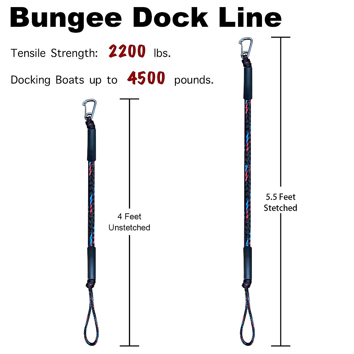4 Feet Bungee Boat Dock Line Mooring Rope with Stainless Steel Clip Accessories Boat Docking Ropes for Boats PWC, Built in Snubber,Kayak, Watercraft,SeaDoo,Jet Ski, Pontoon,Canoe,Power Boat 2-Pack