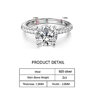 Moissanite Rings for Women 2 Carat Round Cut Sterling Silver Rings D Color VVSI Lab Created Diamond Wedding Rings for Women