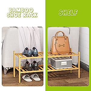 BMOSU 2-Tier Bamboo Shoe Rack Premium Stackable Shoe shelf Storage Organizer For Hallway Closet Living Room Entryway Organizer (Natural Bamboo)