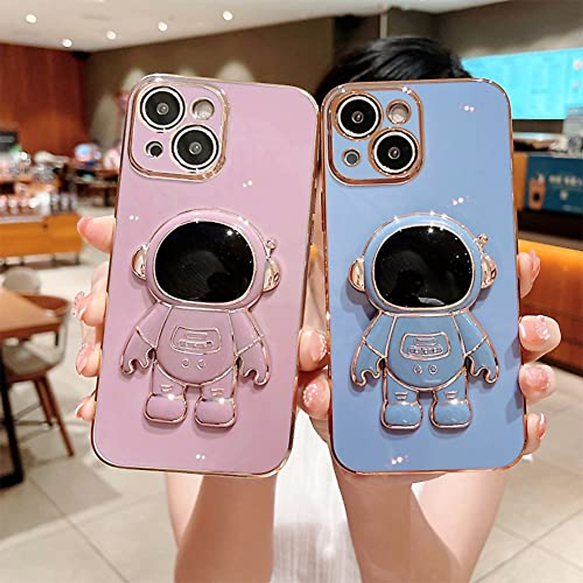 AIGOMARA 6D Plating Astronaut Hidden Stand Case Cover for iPhone 13 Women Astronaut Folding Bracket Kickstand iPhone Case with Camera Protector Soft TPU Shockproof Bumper 6.1 in 2021 - Purple
