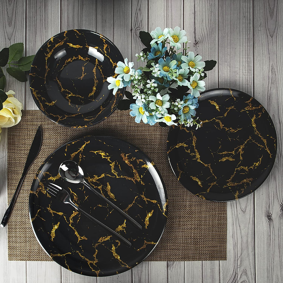 Melamine Dinnerware Sets - 12 pcs Melamine Plates Indoor and Outdoor use Black Marble Plates and Bowls Dinnerware Sets Camping Dish Set for 4 Dishwasher Safe(Sahara Gold)