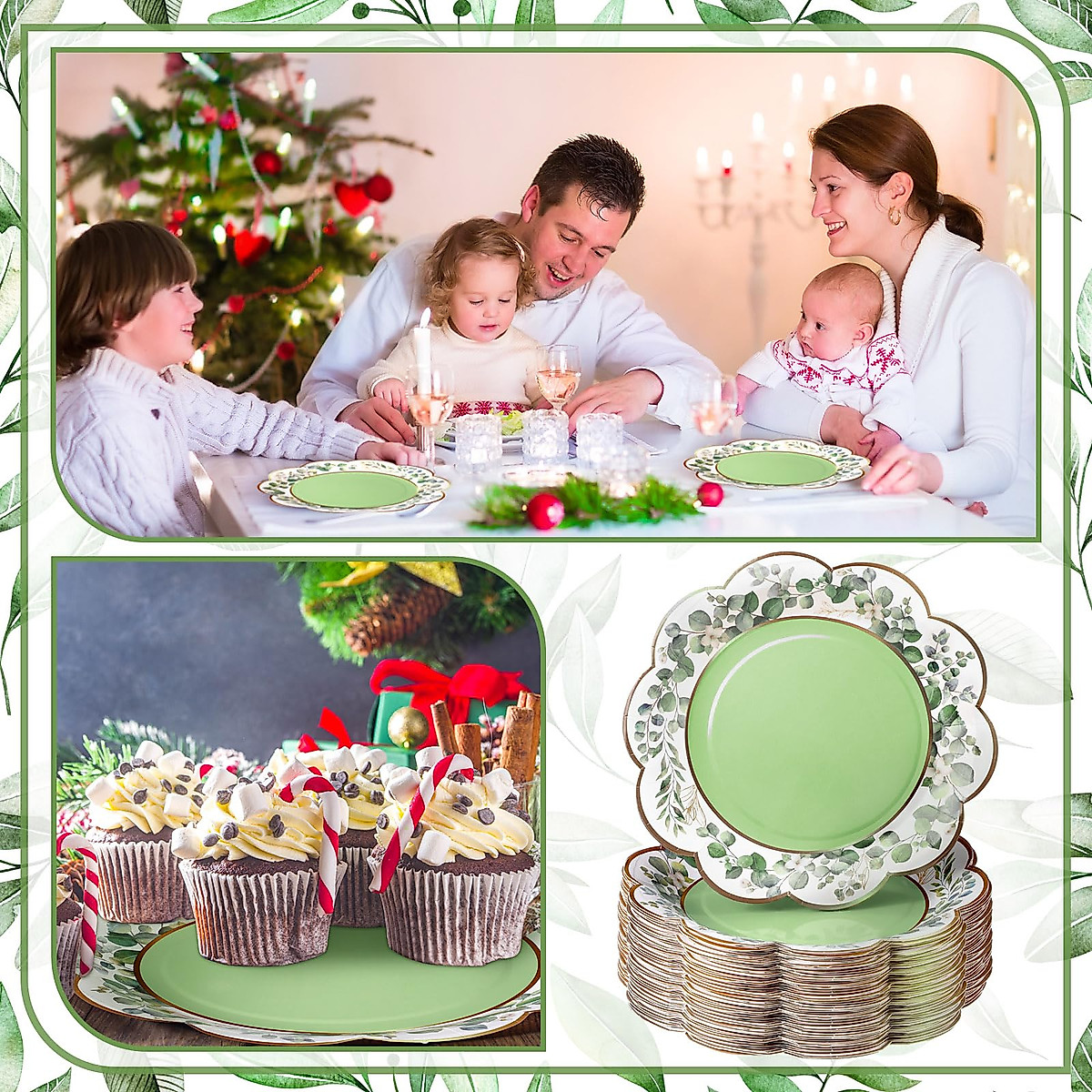 Suttmin Sage Green Paper Plates Sage Green Party Decorations Eucalyptus Disposable Dinner Plates 9 inch Greenery Floral Leaf for Bridal Shower Wedding Birthday(50 Pcs)