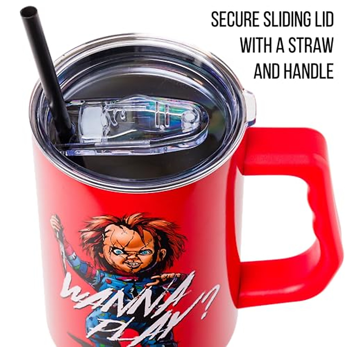 Silver Buffalo Chucky Wanna Play Stainless Steel Tumbler with Handle and Straw, Fits in Standard Cup Holder, 40 Ounces