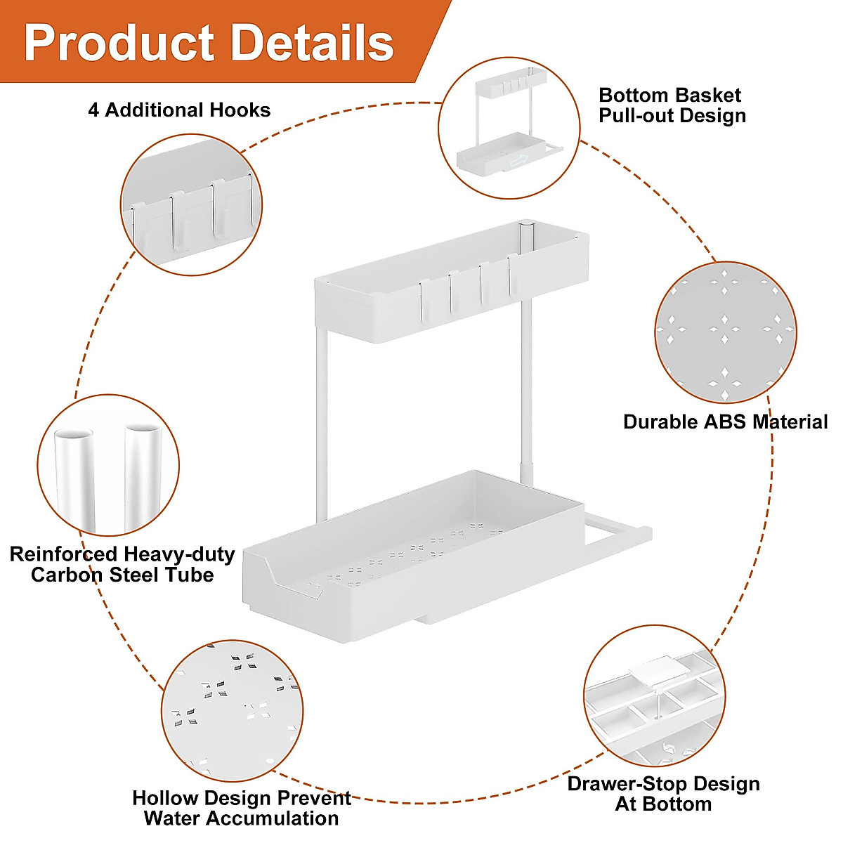 Under Kitchen Sink Organizers and Storage L-Shape Easy Assembly,Under Sink Organizer Kitchen Durable Pull-Out with Sliding Drawer,Bathroom Sink Organizer Large Capacity with Hooks,2 Pack,White
