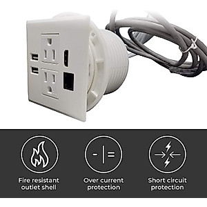 Round Desktop Conference Room Power Grommet Outlet, FITS 3 1/8" - 3 1/4" 2 (TR) AC Outlets, 2 USB Charging Ports, 1 CAT 6, 1 HDMI, ETL Listed (DC-8589_White-Square)