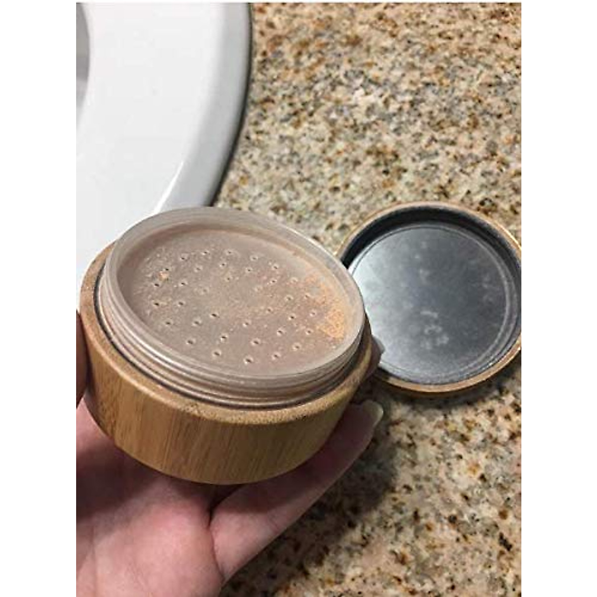 30ml 1 oz Empty Bamboo Loose Powder Box Case Container with Powder Puff and Sifter Cosmetic Makeup Holder