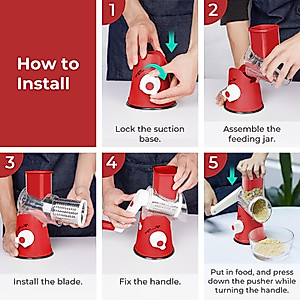X Home Rotary Cheese Grater for Kitchen, Shredder with 3 Interchangeable Blades, Rotary Grater with Handle and Strong Suction Base, for Vegetables, Fruit, Nuts, Easy to Use and Clean, Red