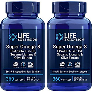 Life Extension Super Omega-3 360 Softgels (Pack of 2), Easy to Swallow, EPA/DHA Omega3 Fish Oil, Sesame Lignans & Olive Extract