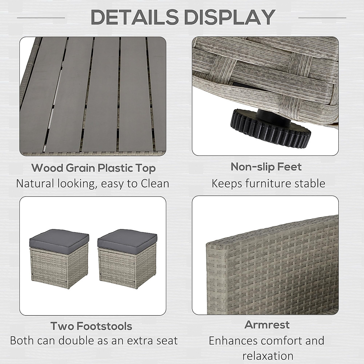 Outsunny 6 Piece Patio Dining Set, PE Rattan Furniture Set with 2 Chairs Cushions & Outdoor Three Seat Sofa, Woodgrain Slatted Dinner Table, Mixed Gray