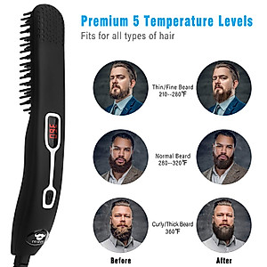 Cayzor Beard Straightener Comb for Men - Upgraded Professional Electric Mens Beard Straightening Heated Brush Portable Anti-Scald 5 Adjustable Temperatures & LCD Display with Carrying Bag