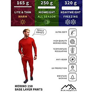 Merino Wool Men's Base Layer Pants — 100% Organic Wool Midweight Thermal Pants + Hiking Wool Socks (Large, Black 250)